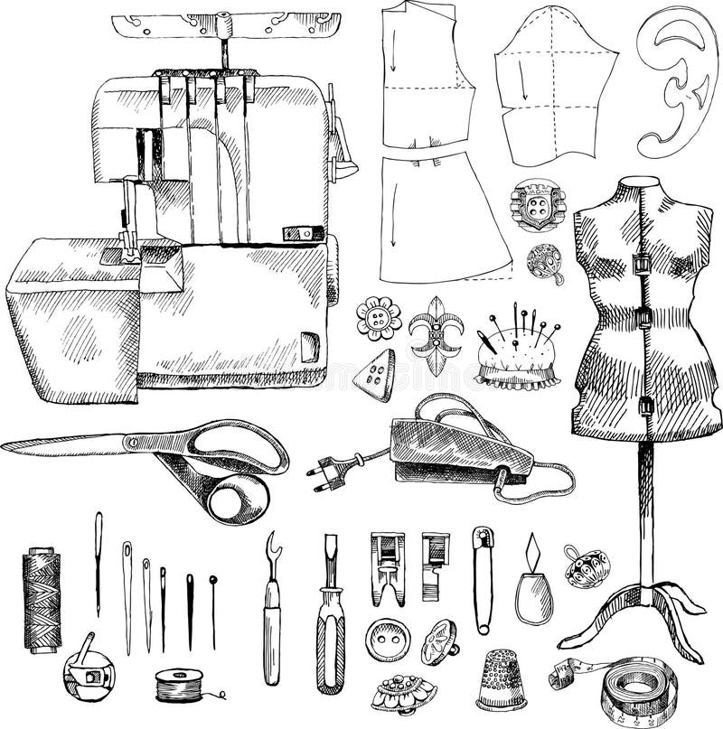 Hand Drawn Sketch Sewing Set Stock Vector - Illustration of needle ...
