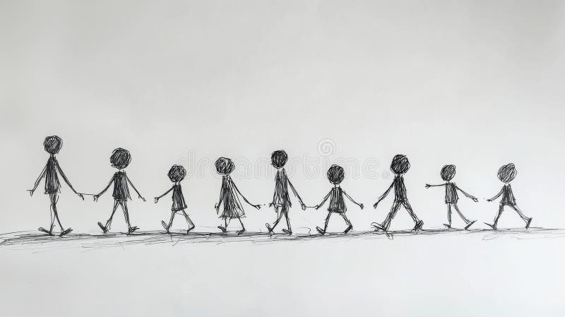 Unique Hand-Drawn Illustration of Diverse People Walking Together Stock ...