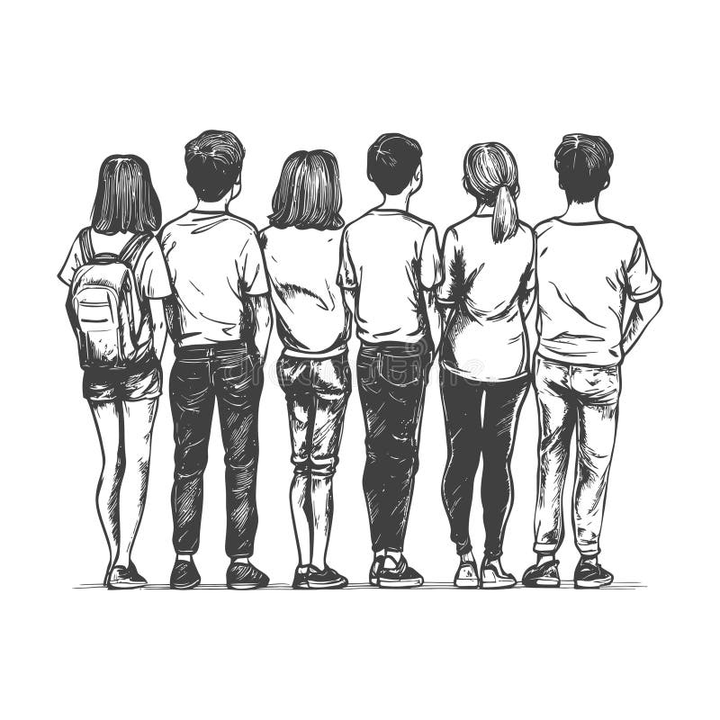 Six Friends Standing Together, Back View Illustration Stock Vector ...