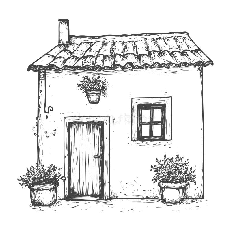 Charming Hand-Drawn Sketch of a Rustic Cottage with Potted Plants Stock ...