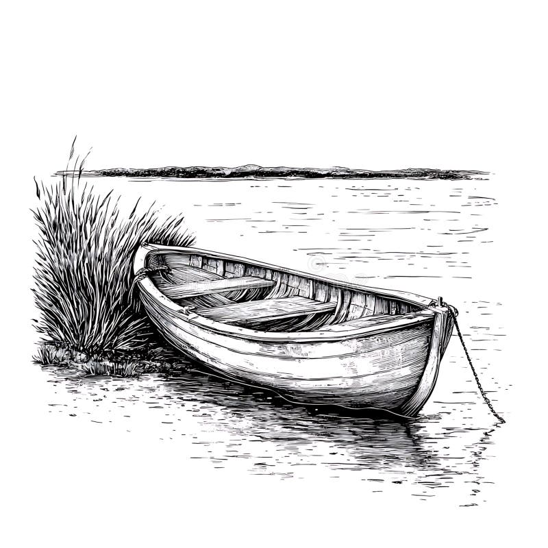 Hand-drawn Sketch of a Small Rowboat at the Lakeshore Stock ...