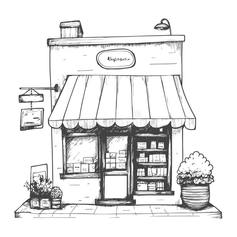 Charming Little Shop Sketch: Hand-Drawn Illustration of a Quaint Store ...