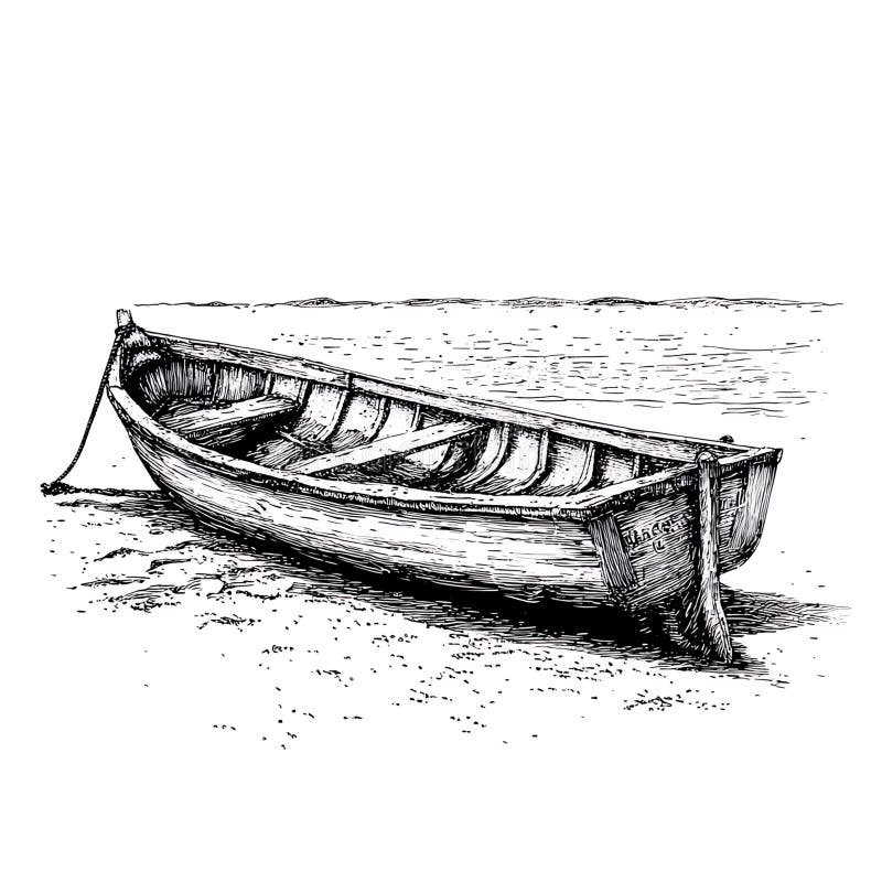 Hand-drawn Sketch of a Small Wooden Rowboat on a Beach Ink Sketch Stock ...