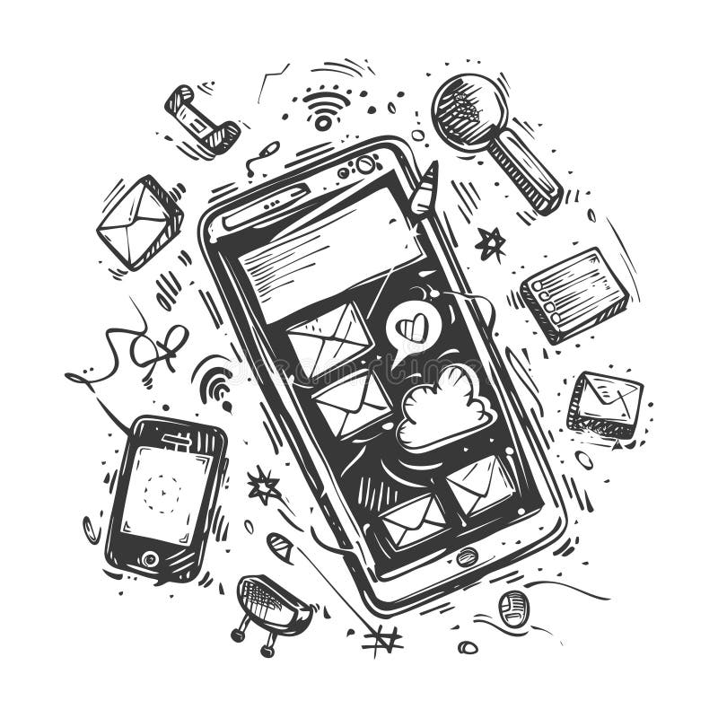 Hand-Drawn Sketch of a Smartphone with Surrounding Digital Elements ...