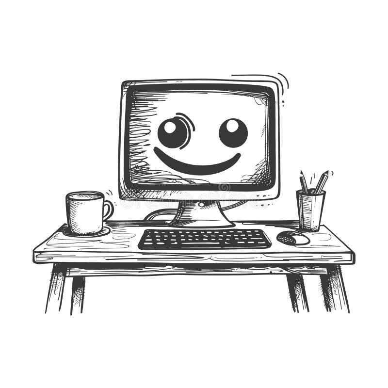 Happy Computer on Desk, Sketch Style Illustration Stock Vector ...