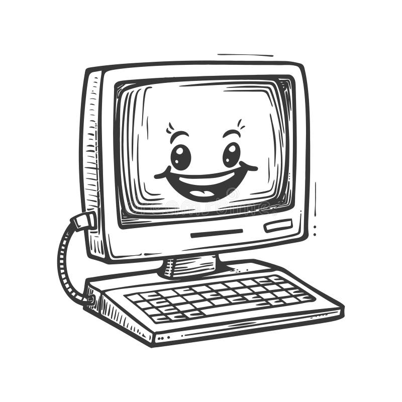 Happy Retro Computer with Keyboard, Smiling Cartoon PC Illustration ...