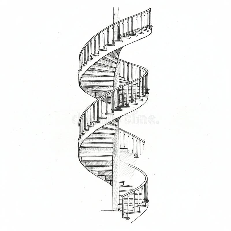 Hand-drawn Sketch of a Spiral Staircase, Showcasing Its Cylindrical ...