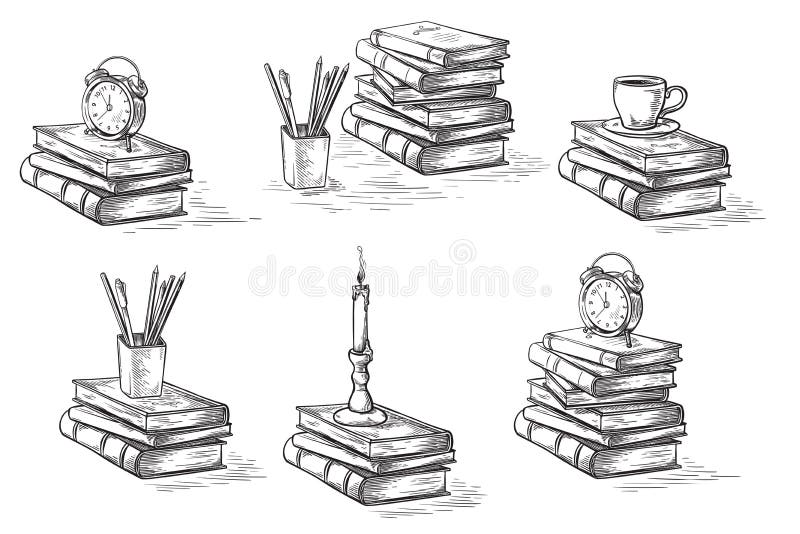 Sketch of Books. Hand Drawn Books Set. Opened and Closed Books Stock ...