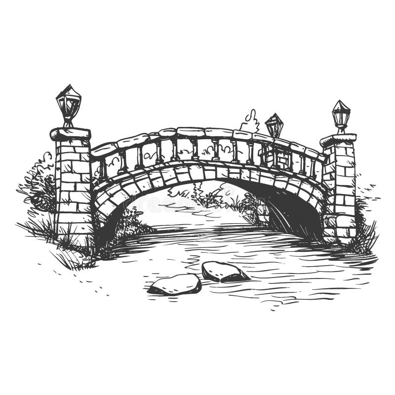 Charming Stone Arch Bridge Over Calm River, Hand-Drawn Illustration ...