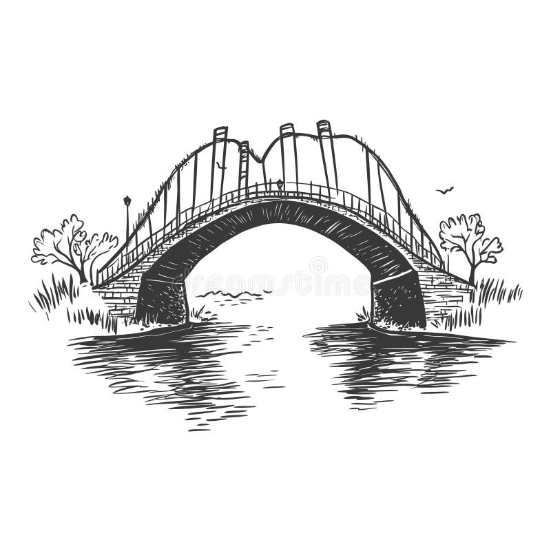 Elegant Arch Bridge Over Calm Water, Hand Drawn Sketch Stock Vector ...