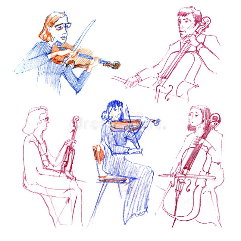 Hand Drawn Sketch of String Orchestra on White Background. Music Band ...