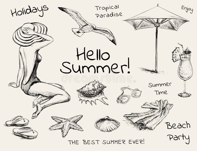 Hand Drawn Sketch Summer Set Stock Vector - Illustration of summer ...