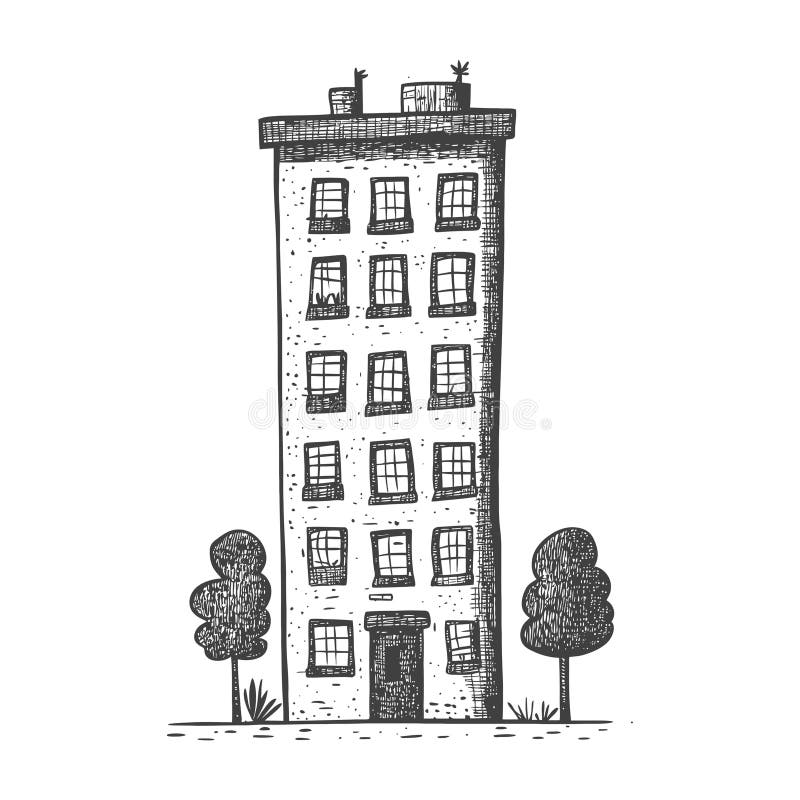 Hand-Drawn Sketch of a Multi-Story Building with Trees Stock Vector ...