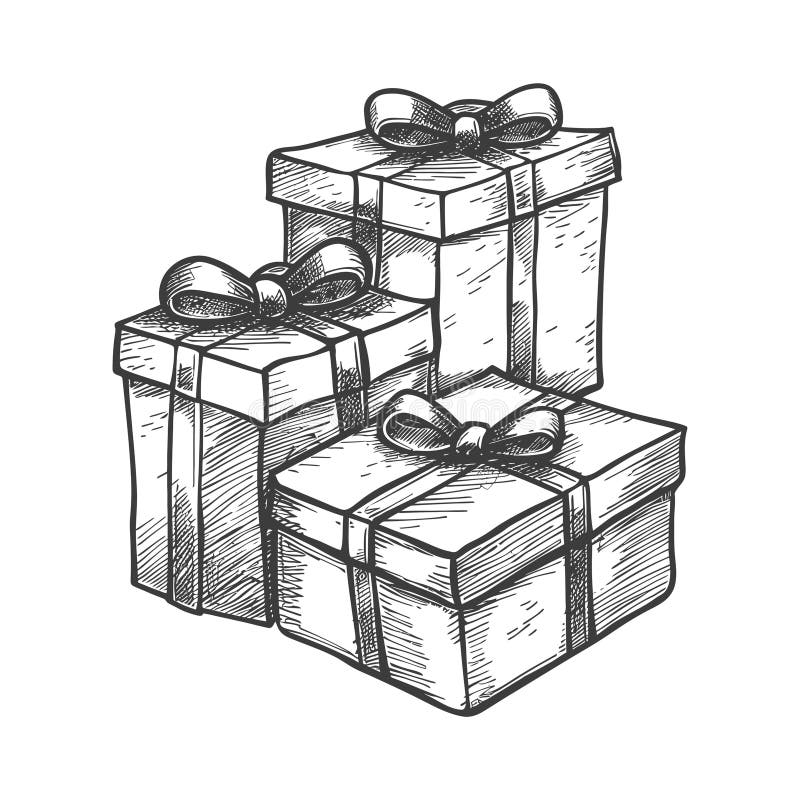 Hand-drawn Sketch of Three Gift Boxes with Ribbons, Ready for ...