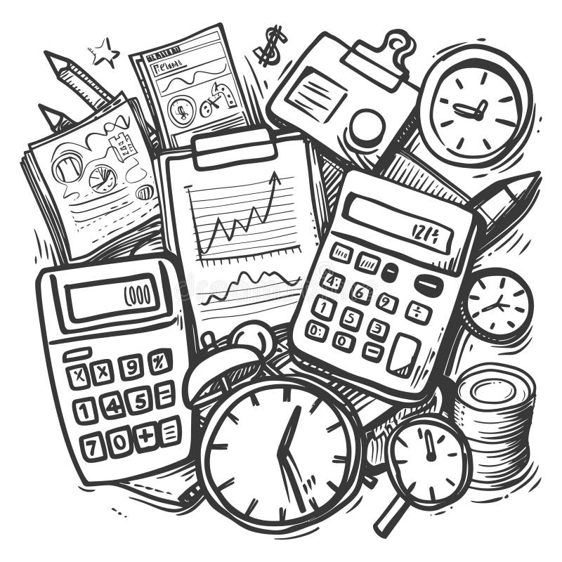 Business Time Management Doodle Sketch: Calculators, Clocks, Charts ...