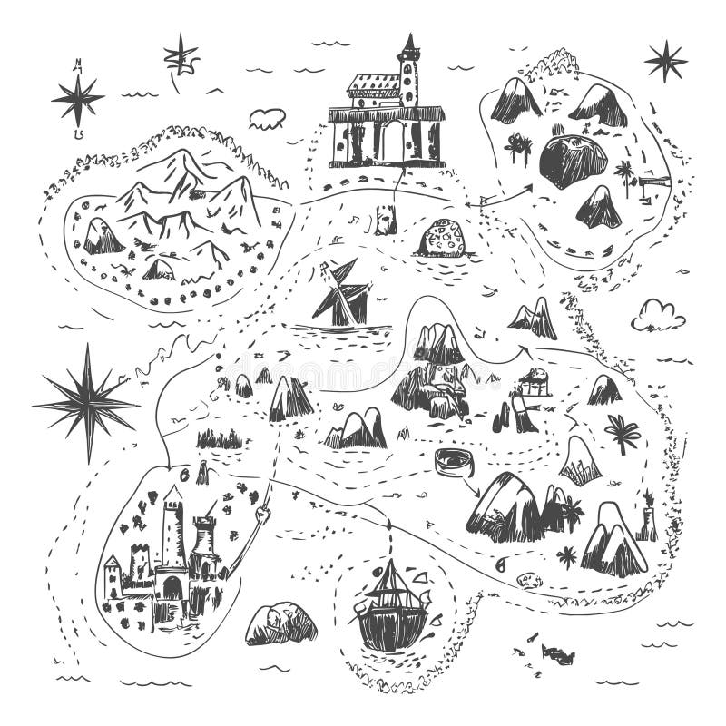 Hand-drawn Treasure Map Illustration: Adventure Island, Pirate Ships ...