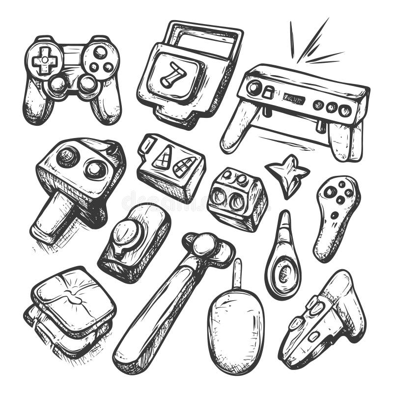 Collection of Hand-Drawn Sketch Style Retro Game Controllers and ...
