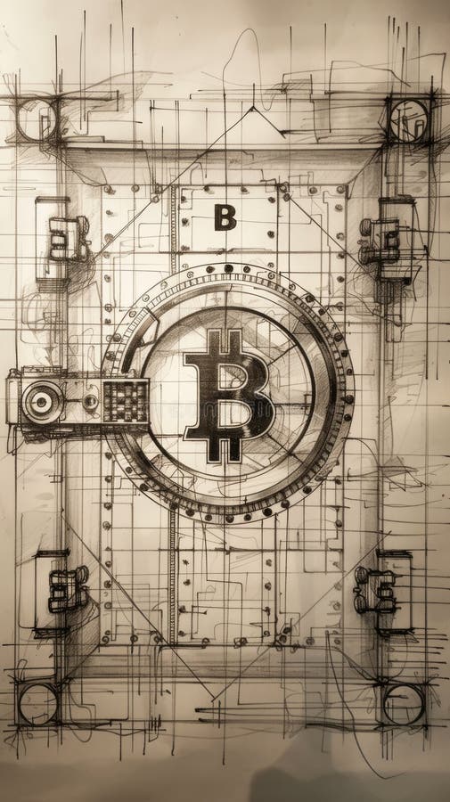 A Hand Drawn Sketch of a Vault Door with a Bitcoin B Emblem in the ...