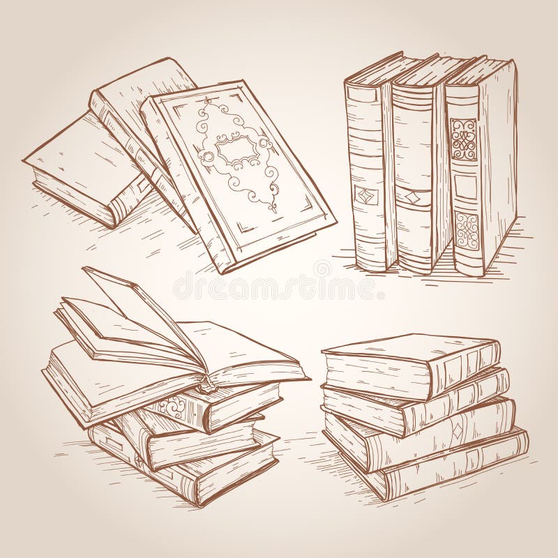 Hand Drawn Sketch of Vintage Books, Retro Books Collection Stock Vector ...