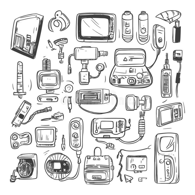 Collection of Hand-Drawn Vintage Electronic Devices and Gadgets Stock ...