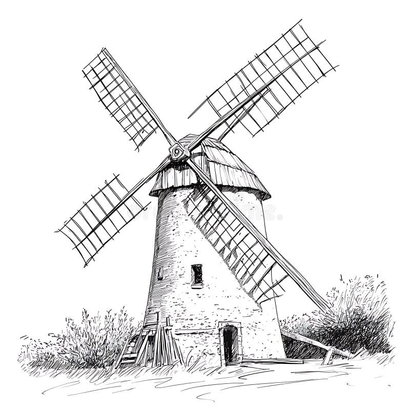 Hand-drawn Sketch of a Vintage Windmill Stock Illustration ...