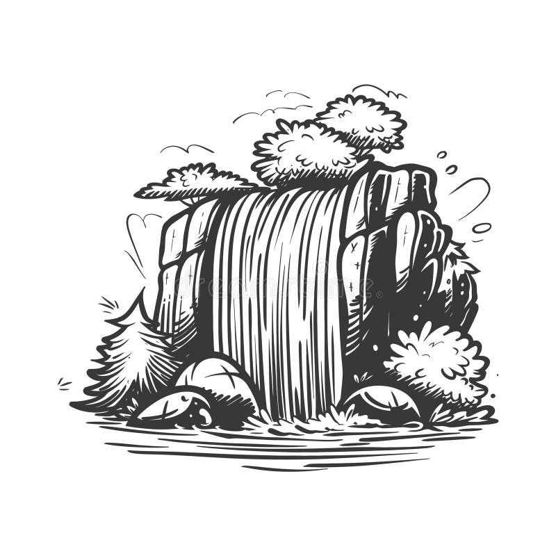 Majestic Waterfall in Lush Forest: Hand-Drawn Illustration Stock Vector ...