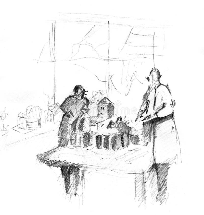 Hand Drawn Sketch of Work with Architectural Project Stock Illustration ...