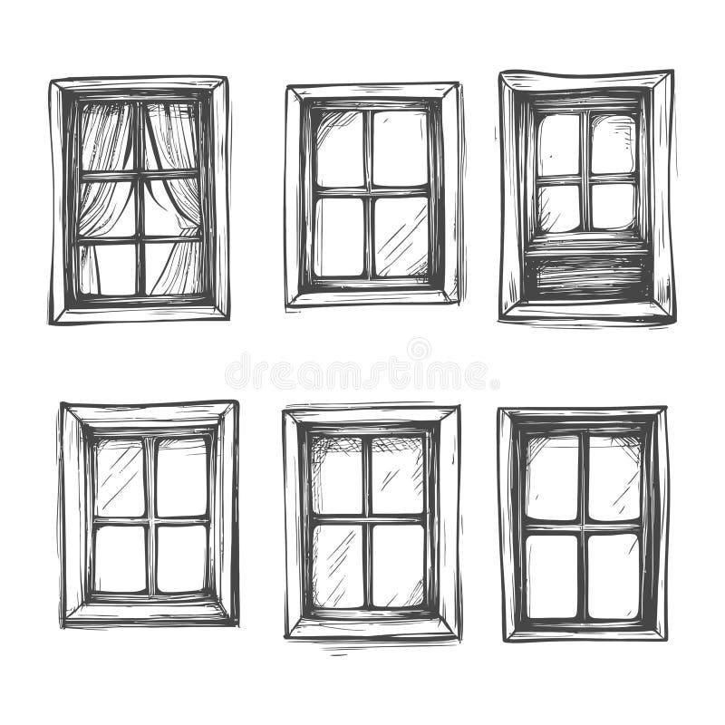 Collection of Six Hand-Drawn Vintage Window Frames, Sketch Style ...