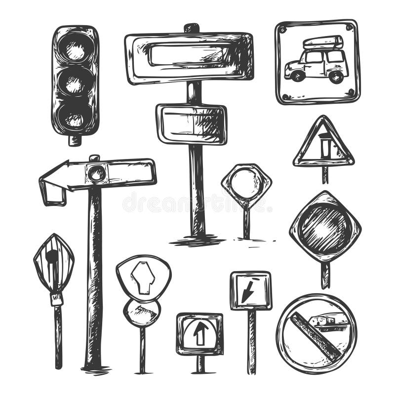 Hand-Drawn Collection of Various Road Signs and Traffic Signals Stock ...