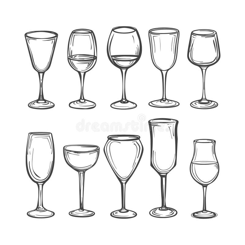 Collection of Hand-Drawn Wine Glasses and Goblets for Menu Design Stock ...