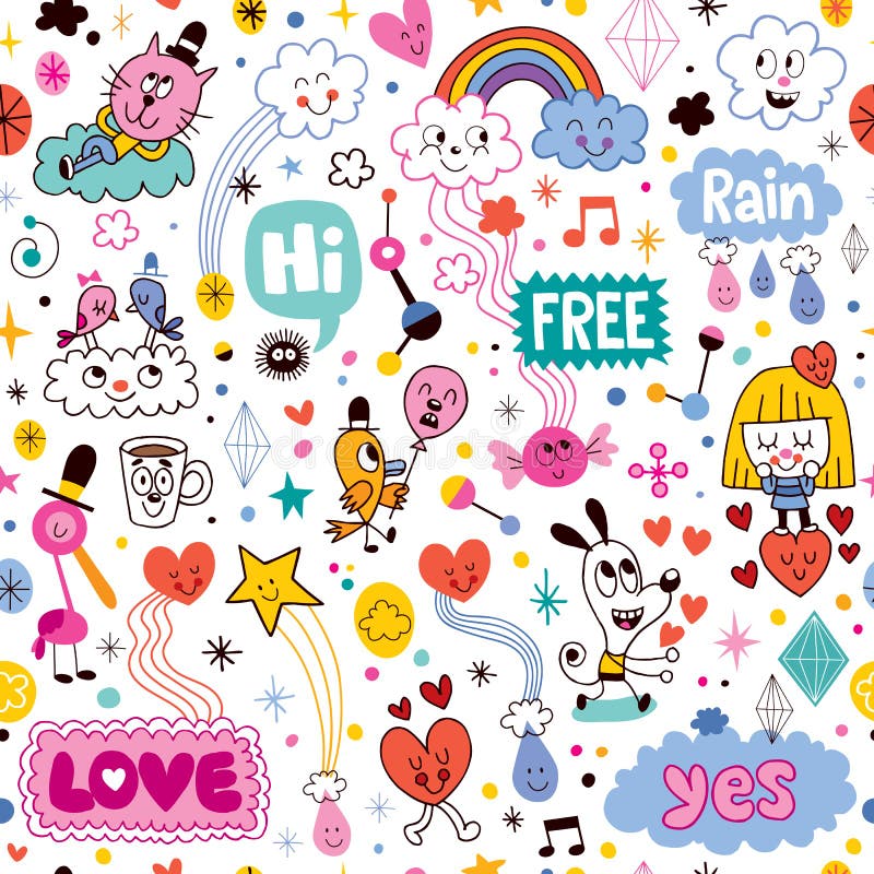 Hand Drawn Sketchy Fun Cartoon Seamless Pattern Stock Vector ...