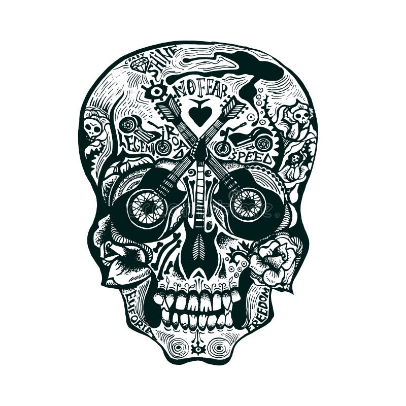 Hand Drawn Skull. Rock Style Stock Vector - Illustration of engraving ...