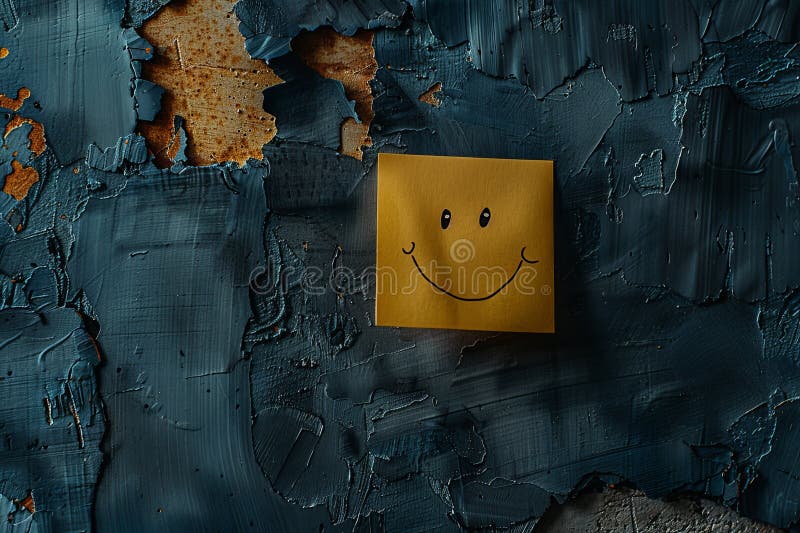 Hand Drawn Smiley Face on Yellow Sticky Note Against Isolated Concrete ...