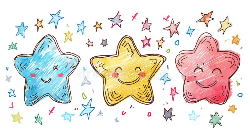 Hand Drawn Smiling Stars and Colorful Doodles for Kids Design Stock ...