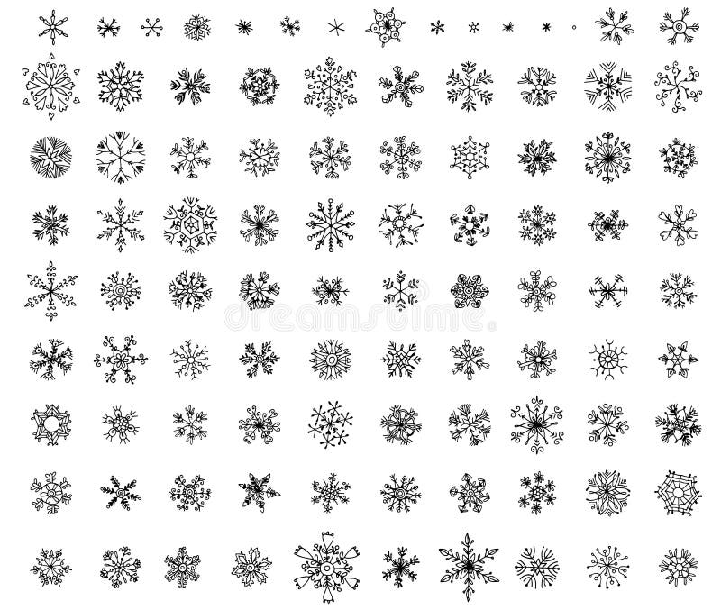 Hand- Drawn Snowflakes Set, 95 Different Snowflakes Stock Vector ...