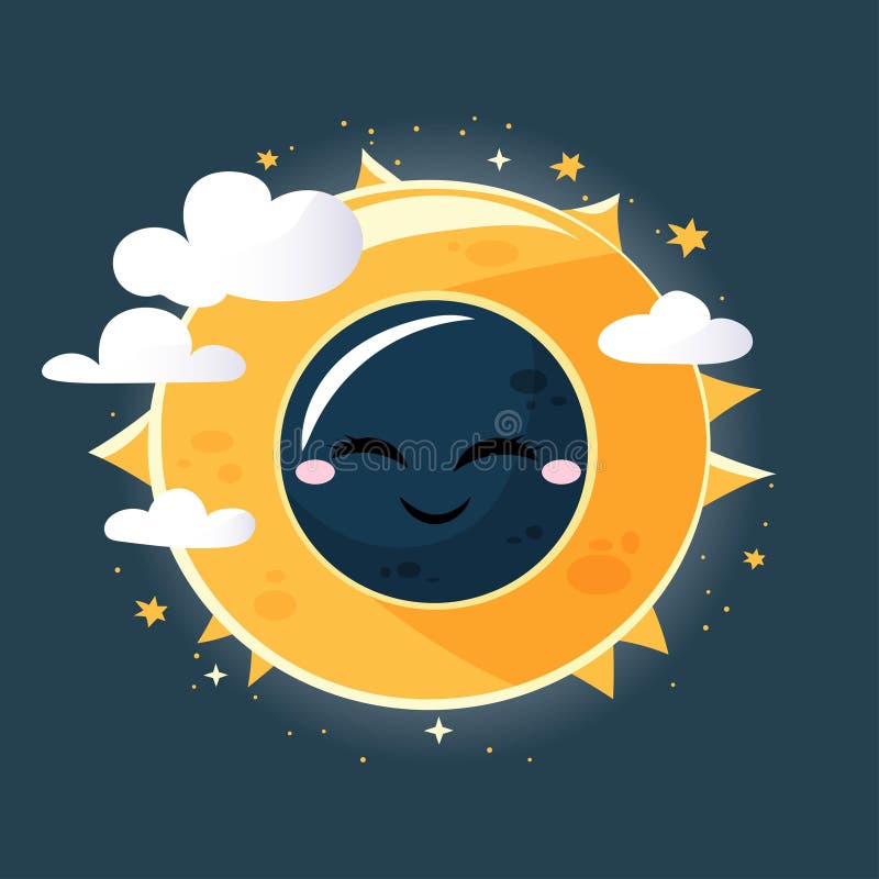 Hand Drawn Solar Eclipse Concept. Cute Vector Design with Smiling Moon ...