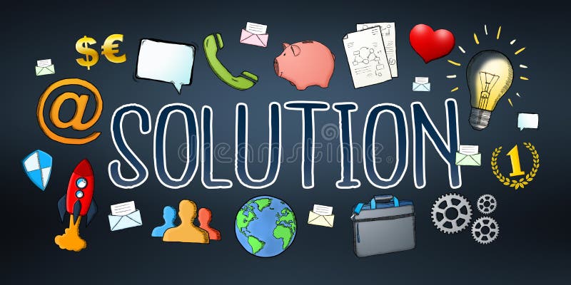 Hand-drawn Solution Text with Icons Stock Illustration - Illustration ...