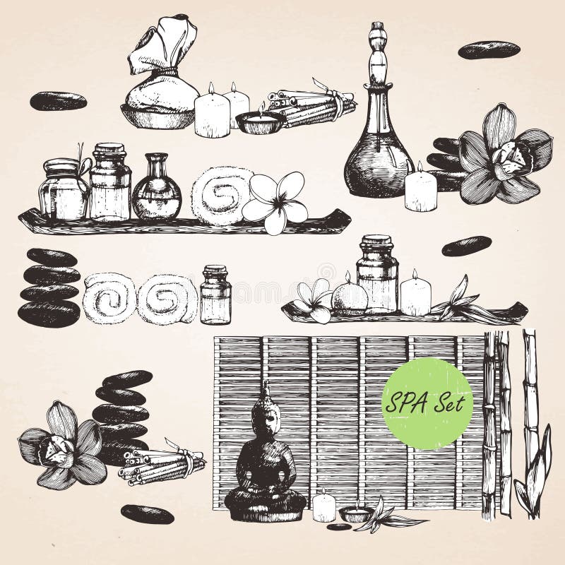 Hand drawn Spa Set. stock vector. Illustration of cinnamon - 68130391