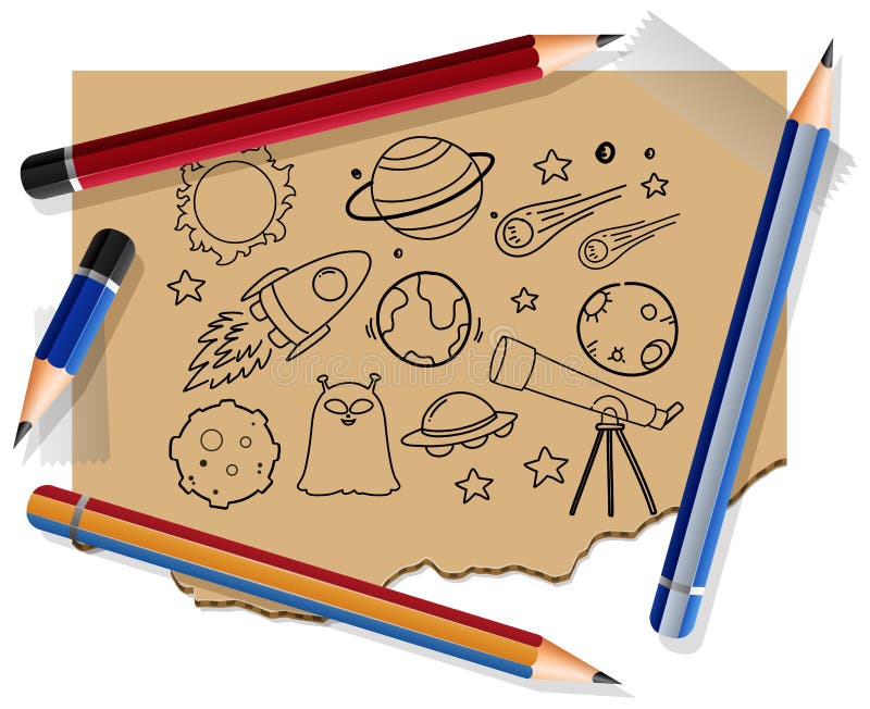 Hand Drawn Space Elements on Paper with Many Pencils Stock Vector ...