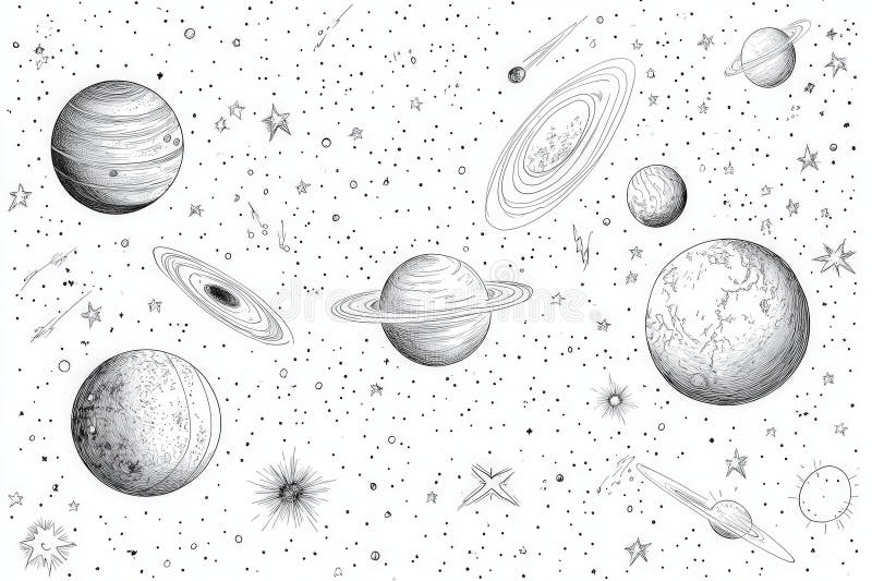 Hand-drawn Space Illustration with Planets and Stars Stock Photo ...