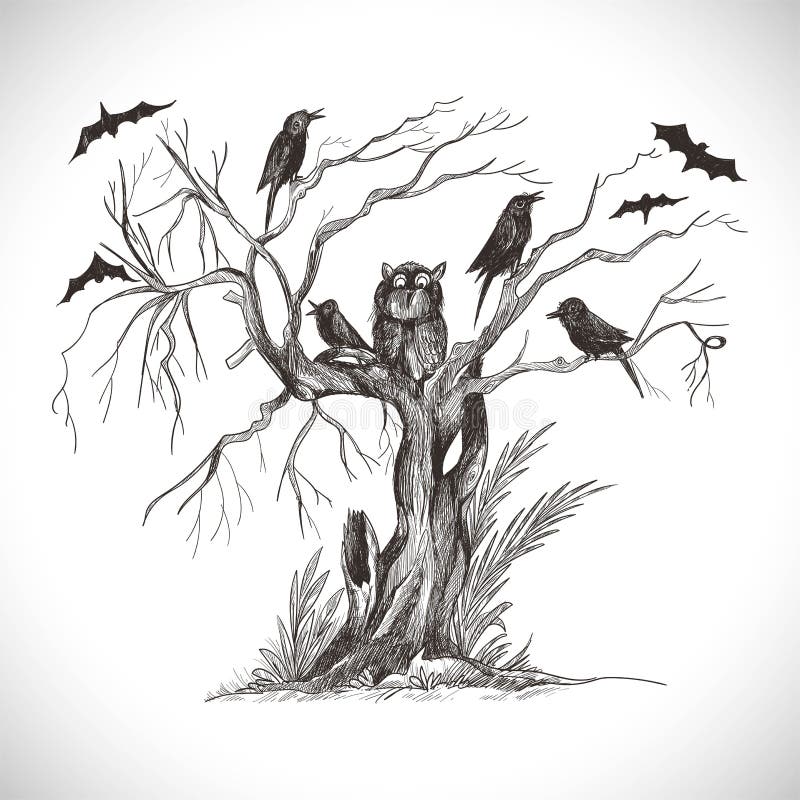 Hand Drawn Spooky Halloween Tree Sketch Design Stock Illustration ...