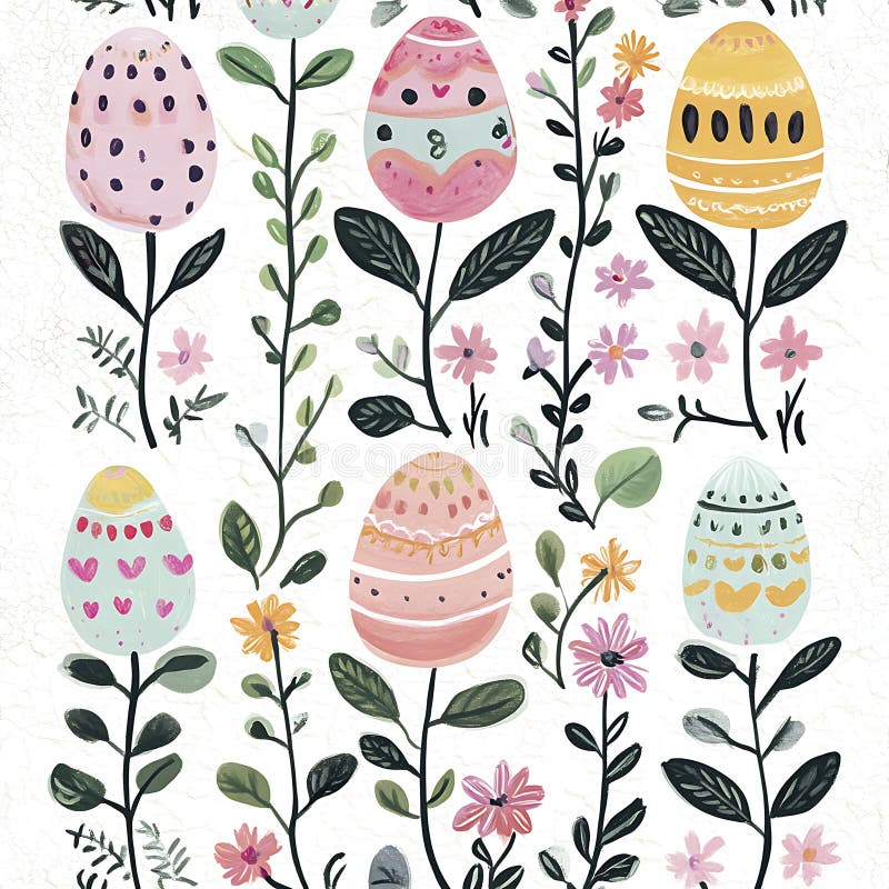 Hand-Drawn Spring Florals with Pastel Easter Eggs on Lace Background ...