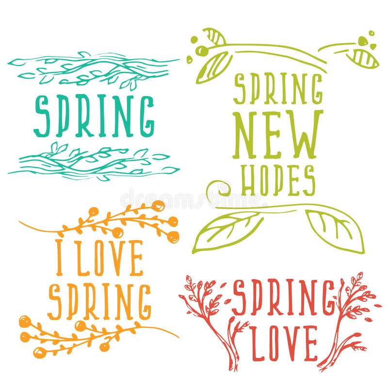Spring Labels With Season Calligraphy Quotes Flowers Wreathes. Stock ...