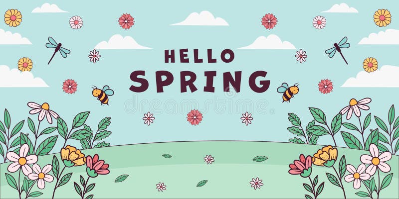Hand Drawn Spring Landscape Horizontal Banner Illustration Stock Vector ...