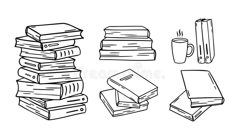 Hand Drawn Stack of Books. Doodle Different Outline Pile of Books ...