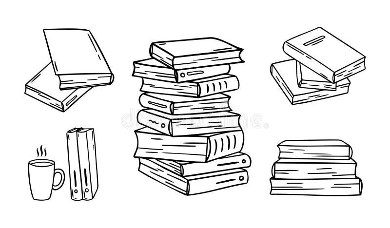 Hand Drawn Stack of Books. Doodle Different Outline Pile of Books ...