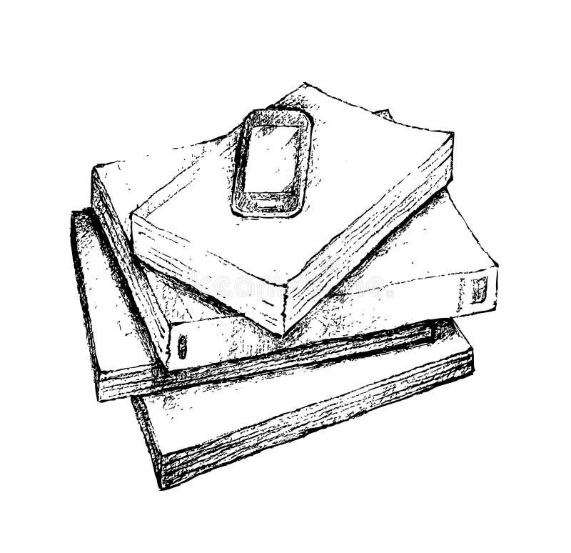 Hand Drawn Stack of Books with Smart Phone Stock Vector - Illustration ...