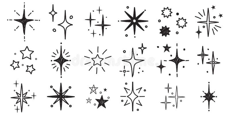 Hand Drawn Star Sparkle Shine of Doodle Set. Charcoal Pen Drawn Star ...