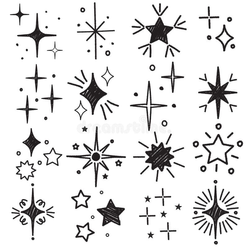Hand Drawn Star Sparkle Shine of Doodle Set. Charcoal Pen Drawn Star ...