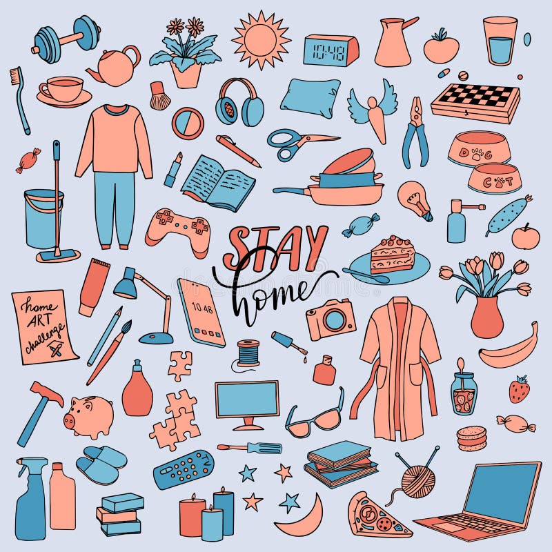 Hand Drawn Stay Home Vector Illustration with Home Objects Stock Vector ...